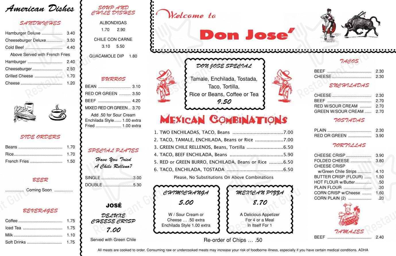 Menu at Don Jose's restaurant, Sun City