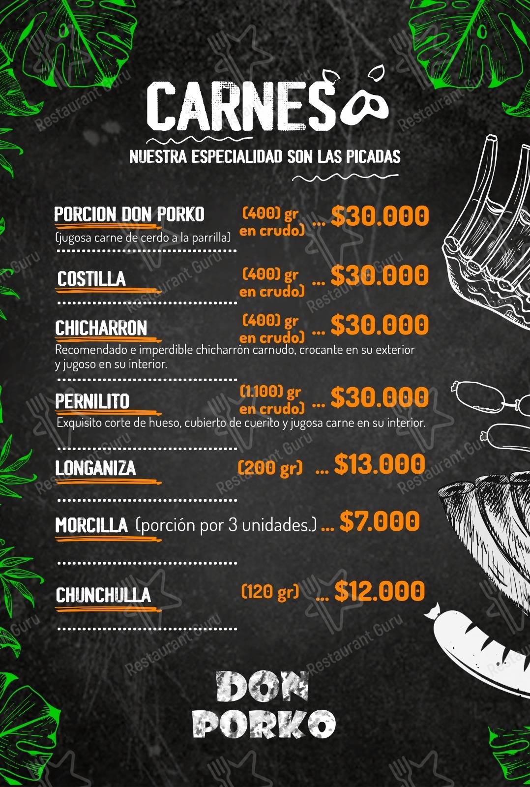 Carta del restaurante Don porko, Ibagué