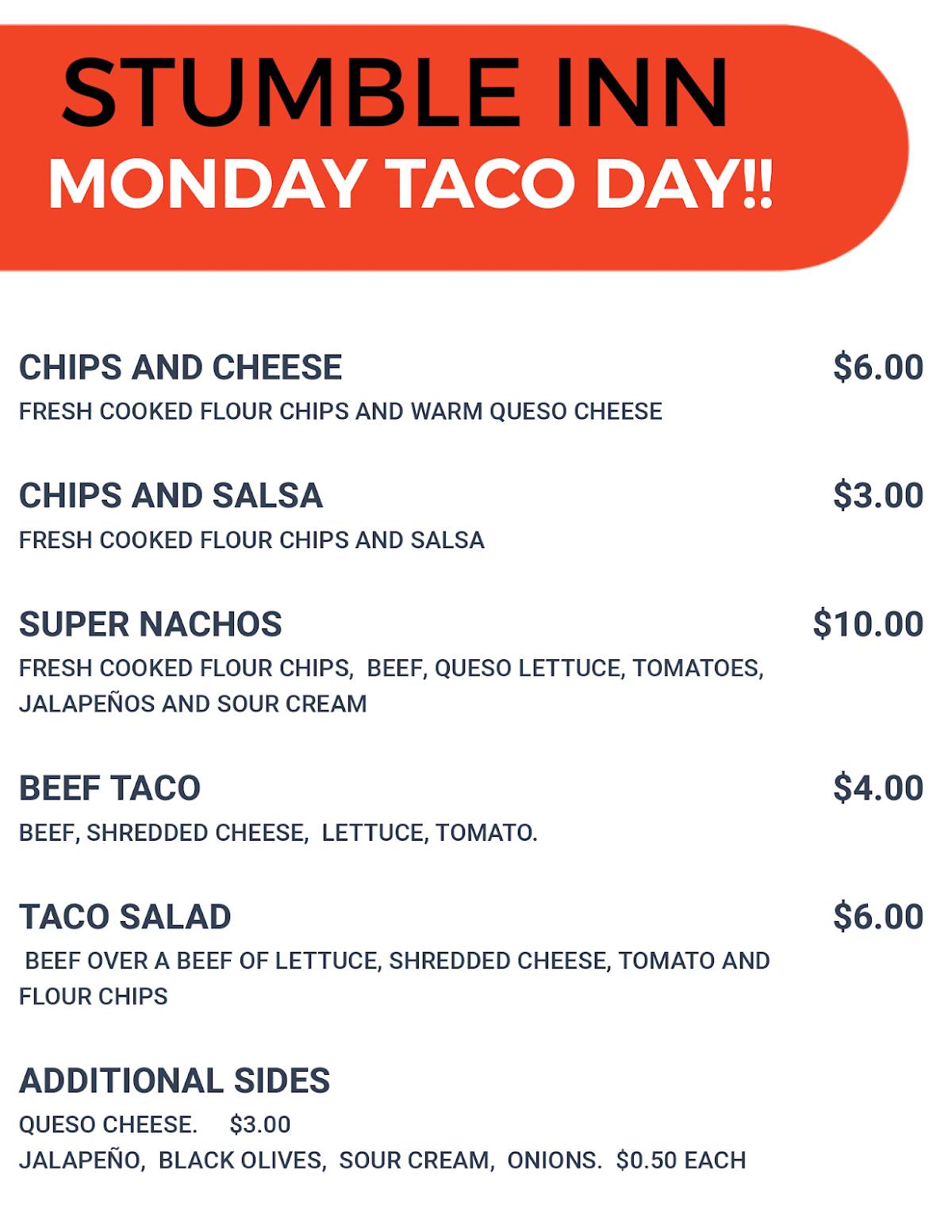 Menu at Stumble Inn pub & bar, Donnellson