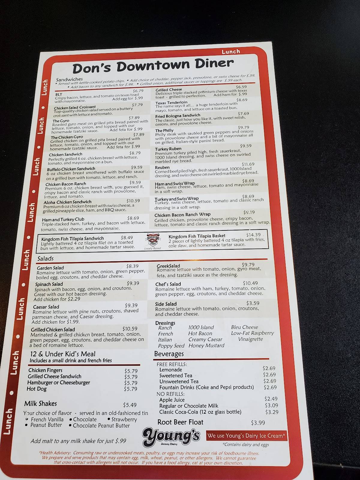 Menu at Don's Downtown Diner restaurant, Bellefontaine