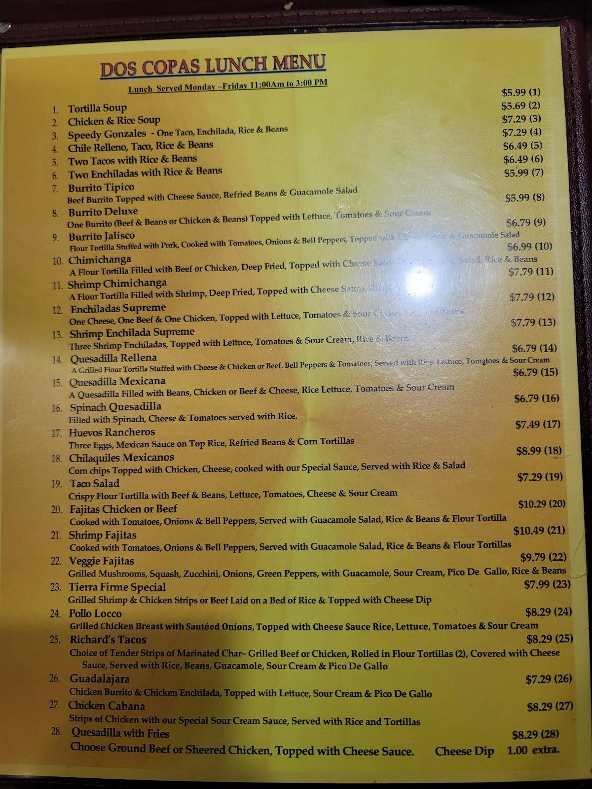 Menu at Dos Copas Mexican Grill restaurant, Madisonville