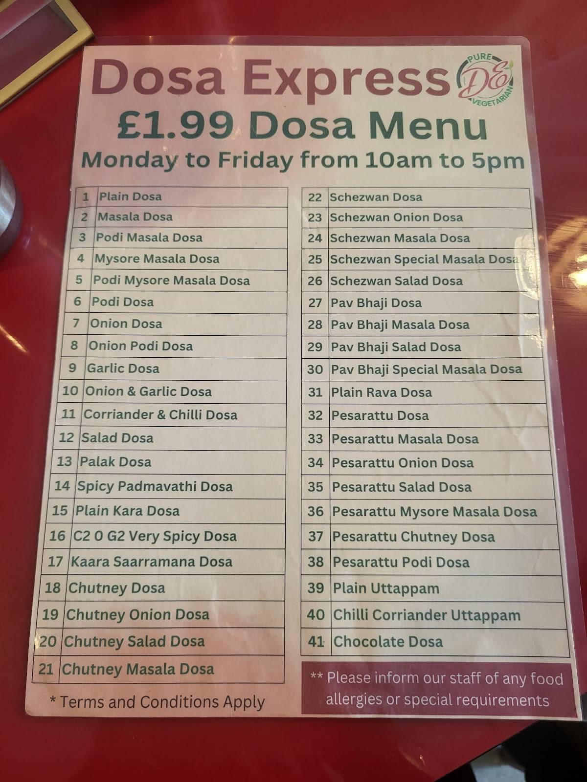 Menu at Dosa Express restaurant, Harrow