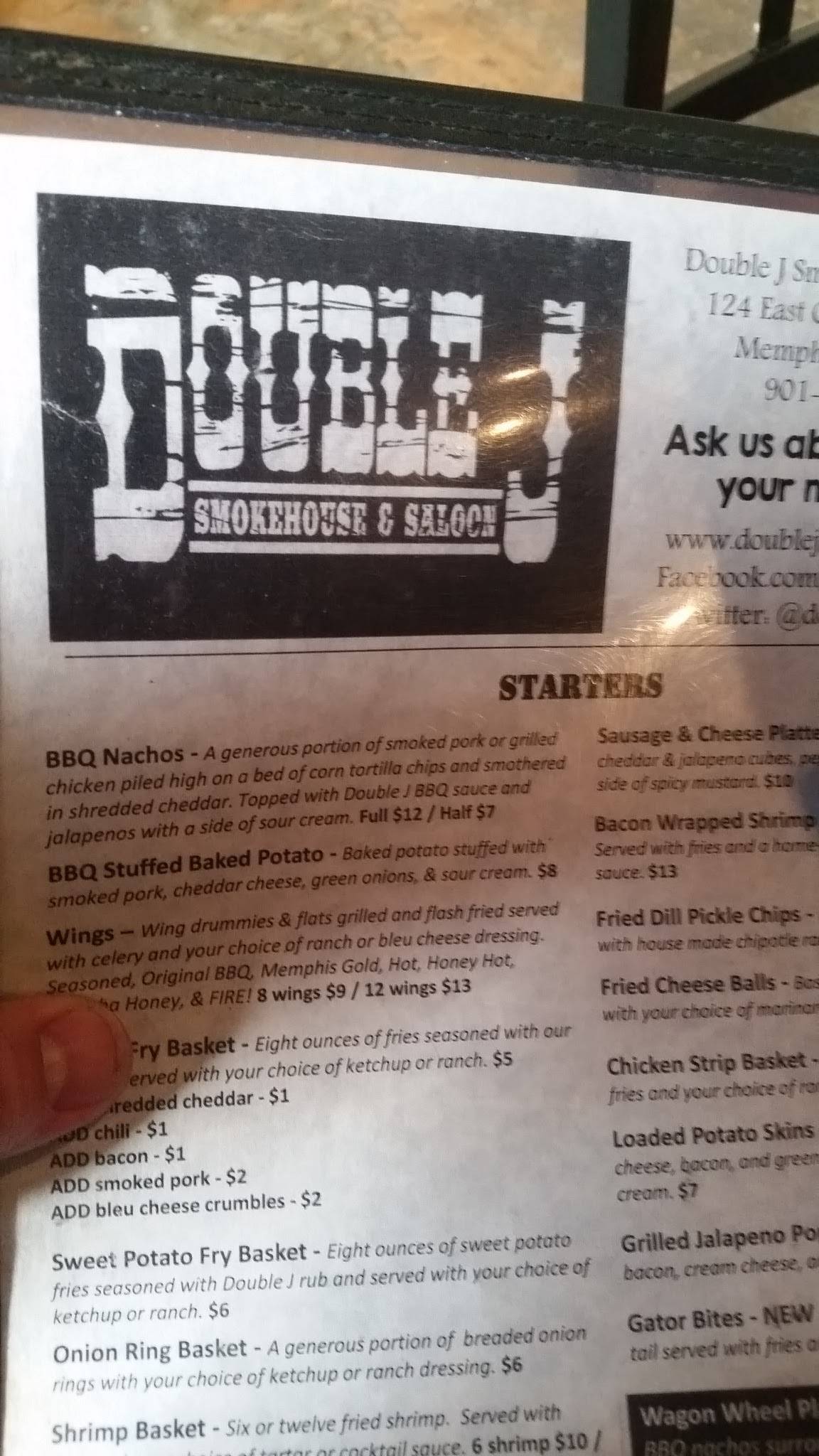 Menu at Double J Smokehouse & Saloon BBQ, Memphis, 124 GE Patterson Ave