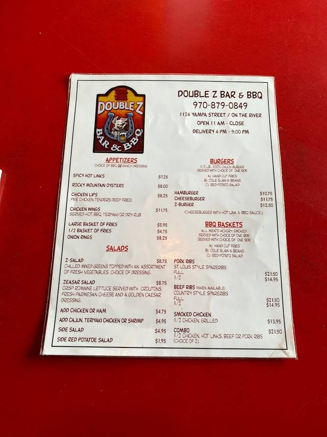 Menu at Double Z Bar & BBQ, Steamboat Springs