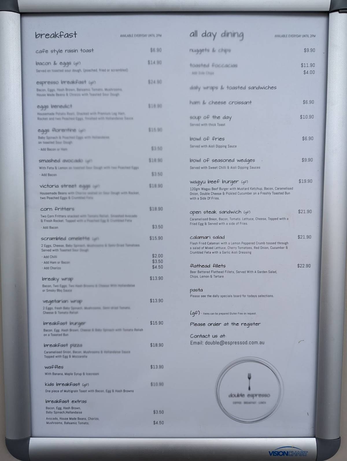 Menu at Double espresso, Ballarat East