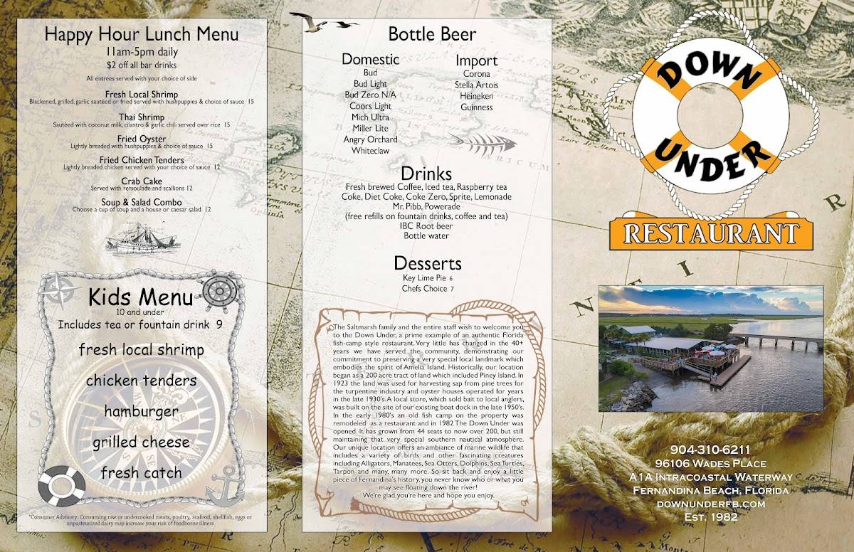 Menu at Down Under Restaurant, Fernandina Beach, Wade's Pl