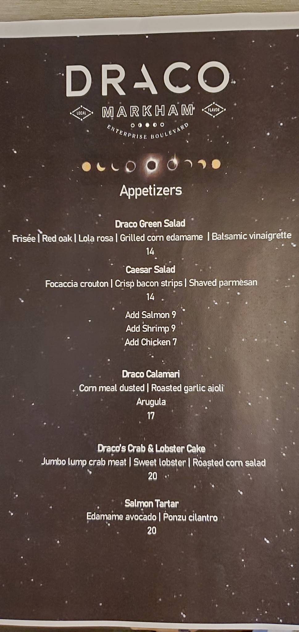 Menu at Draco Markham pub & bar, Markham