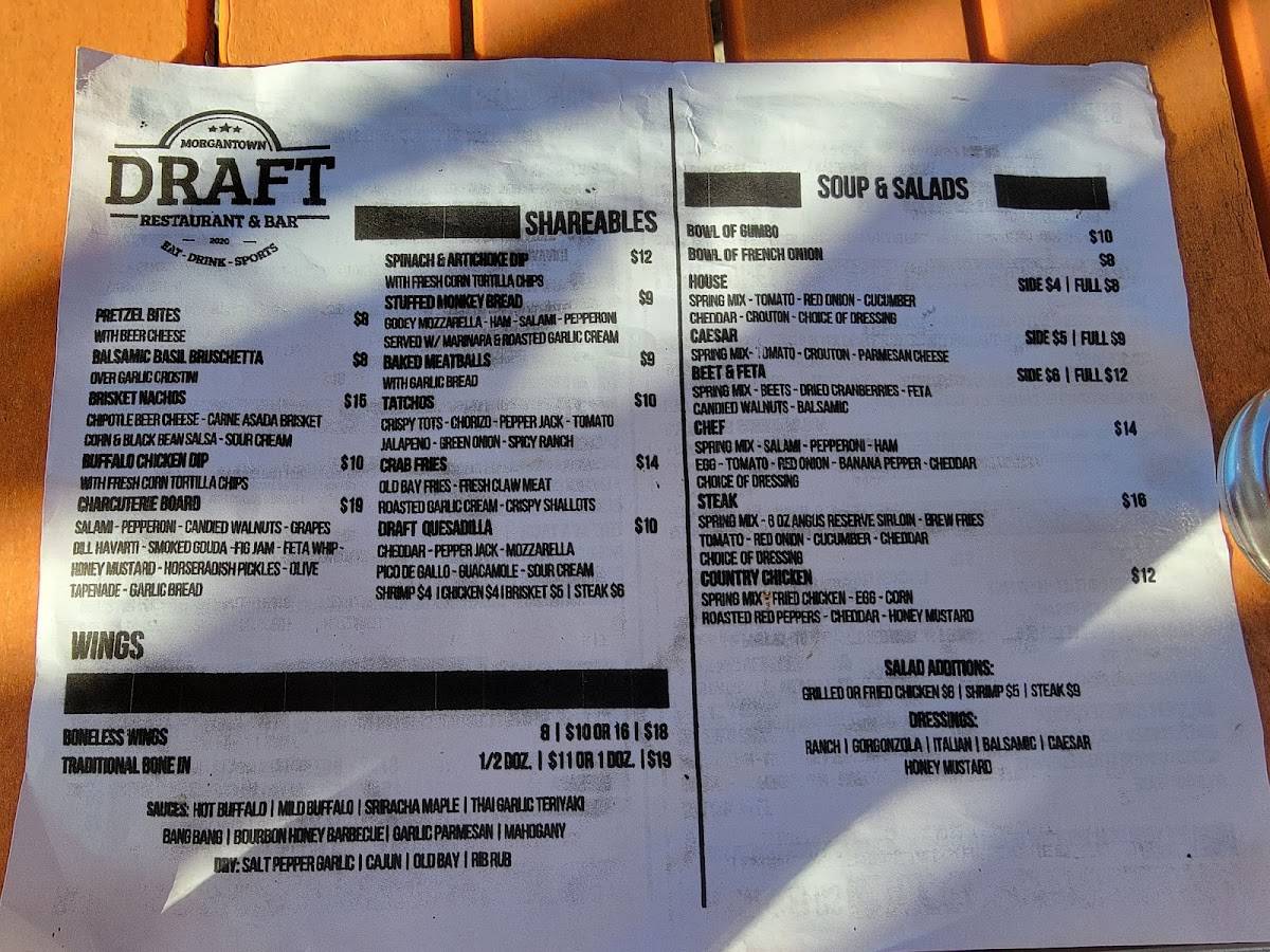 Menu at Draft pub & bar, Morgantown