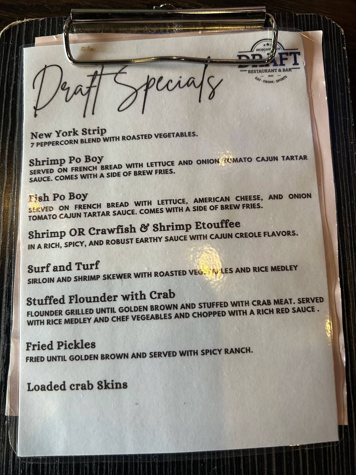Menu at Draft pub & bar, Morgantown