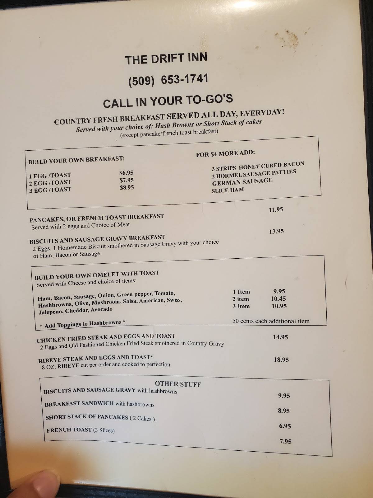 Menu at Drift Inn 50's Diner restaurant, Naches, US-12