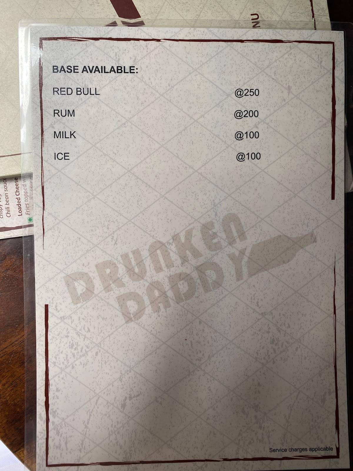 Menu at Drunken Daddy, Bengaluru