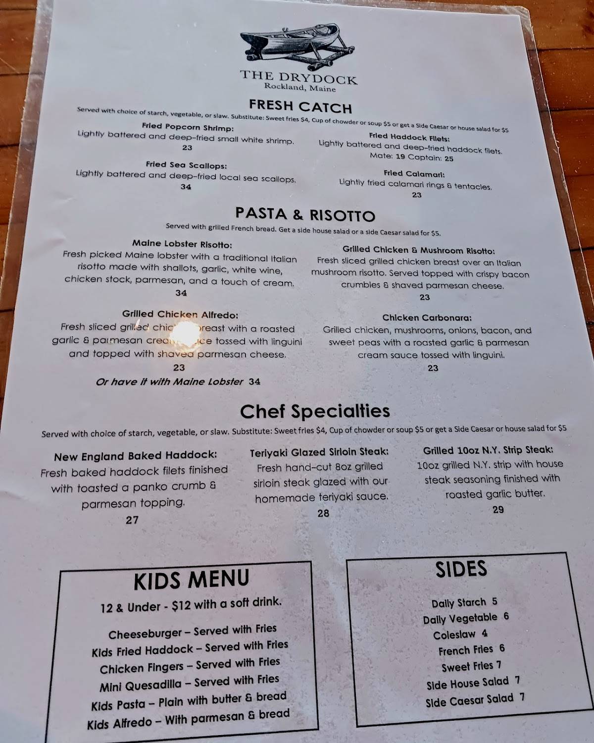 Menu at Dry Dock restaurant, Rockland, 273 Main St