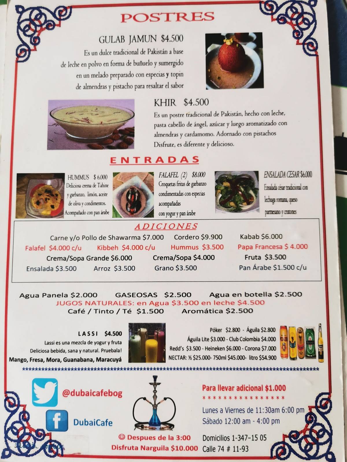 Carta de Dubai Cafe-Restaurante, Bogotá