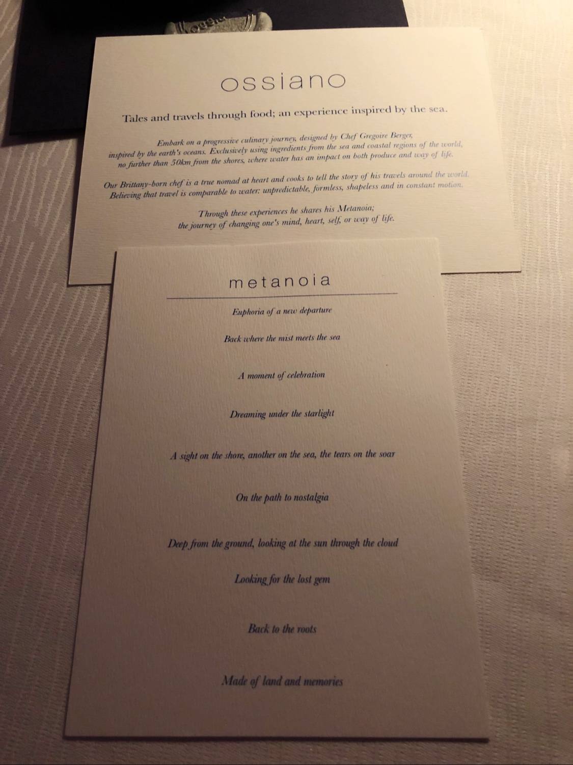 Menu at Ossiano restaurant, Dubai