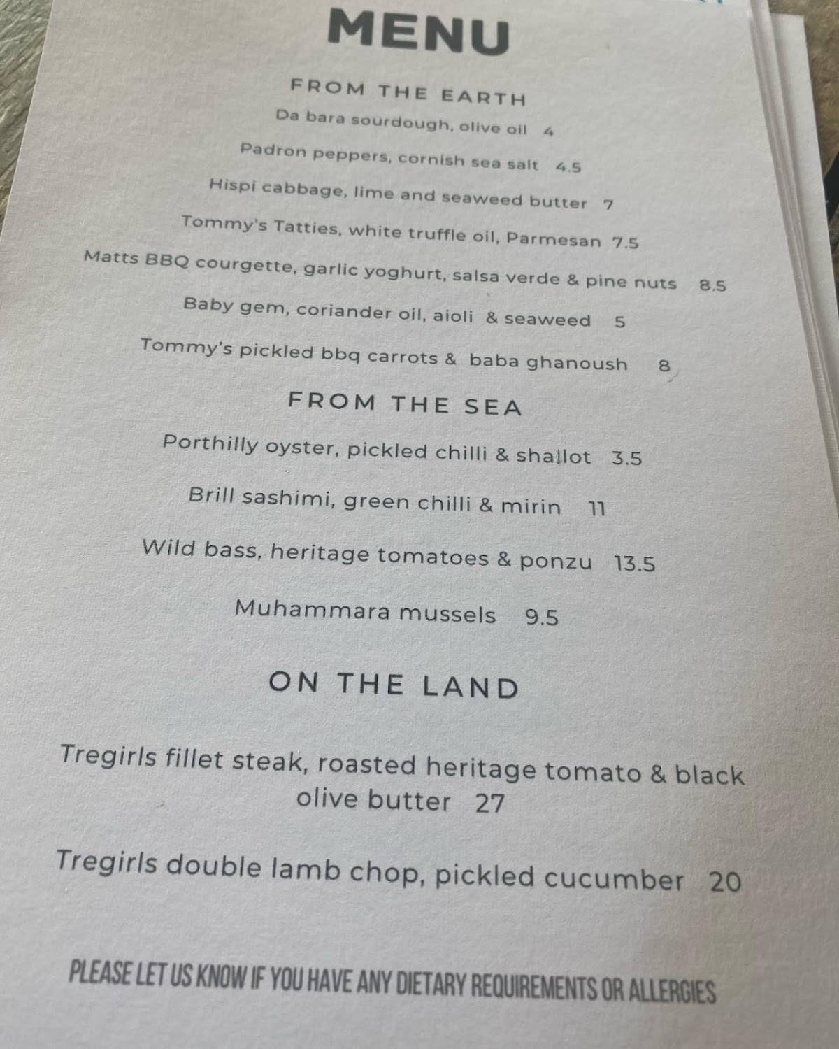 Menu at DuchyGrub restaurant, Saint Merryn