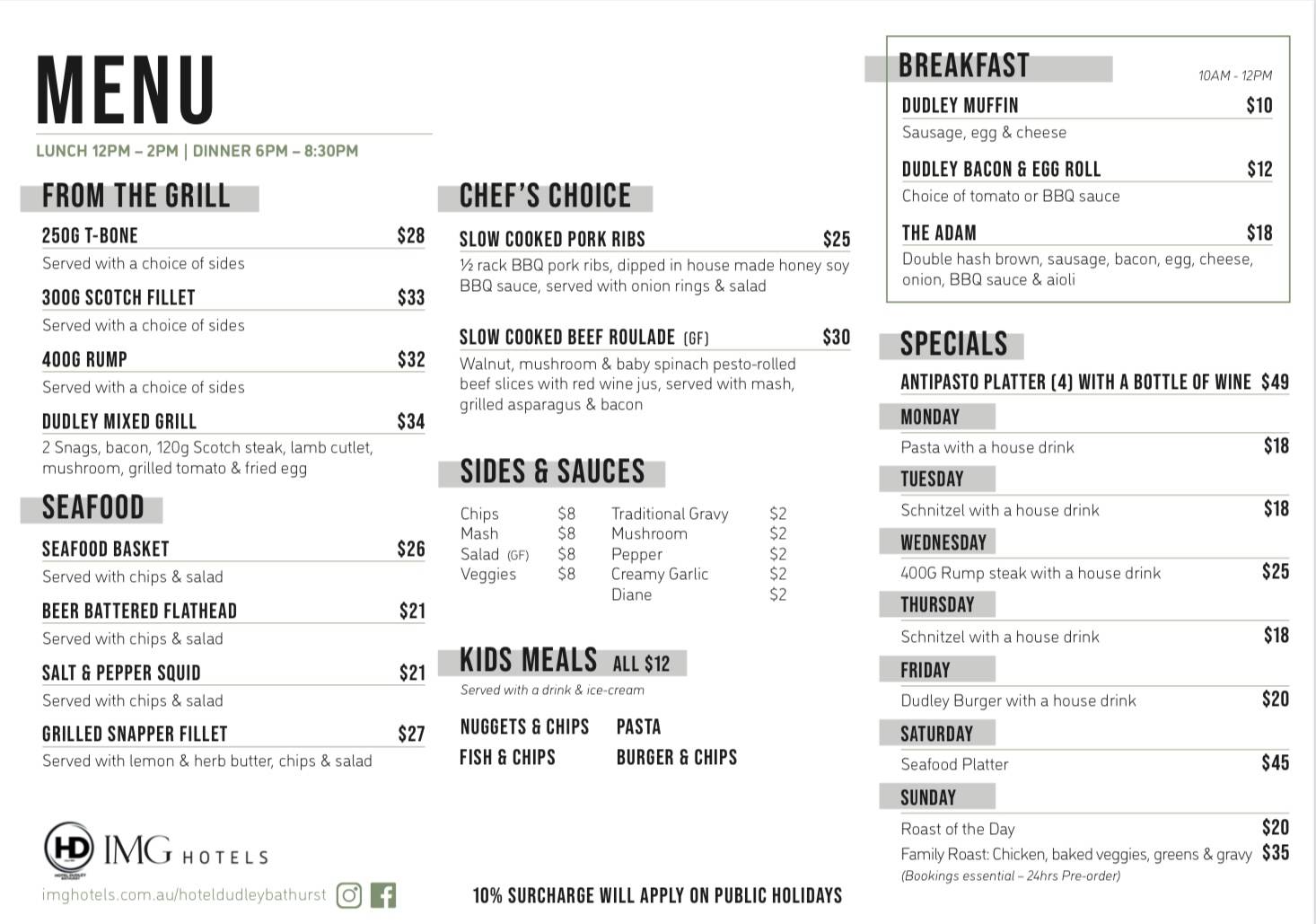 Menu at Dudley Hotel Bathurst restaurant, Bathurst