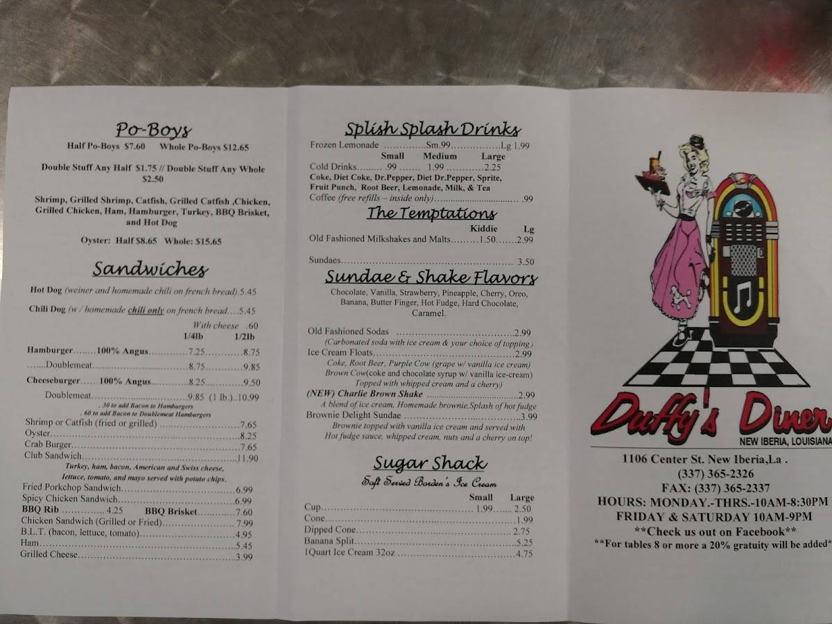 Menu at Duffy's Diner restaurant, New Iberia