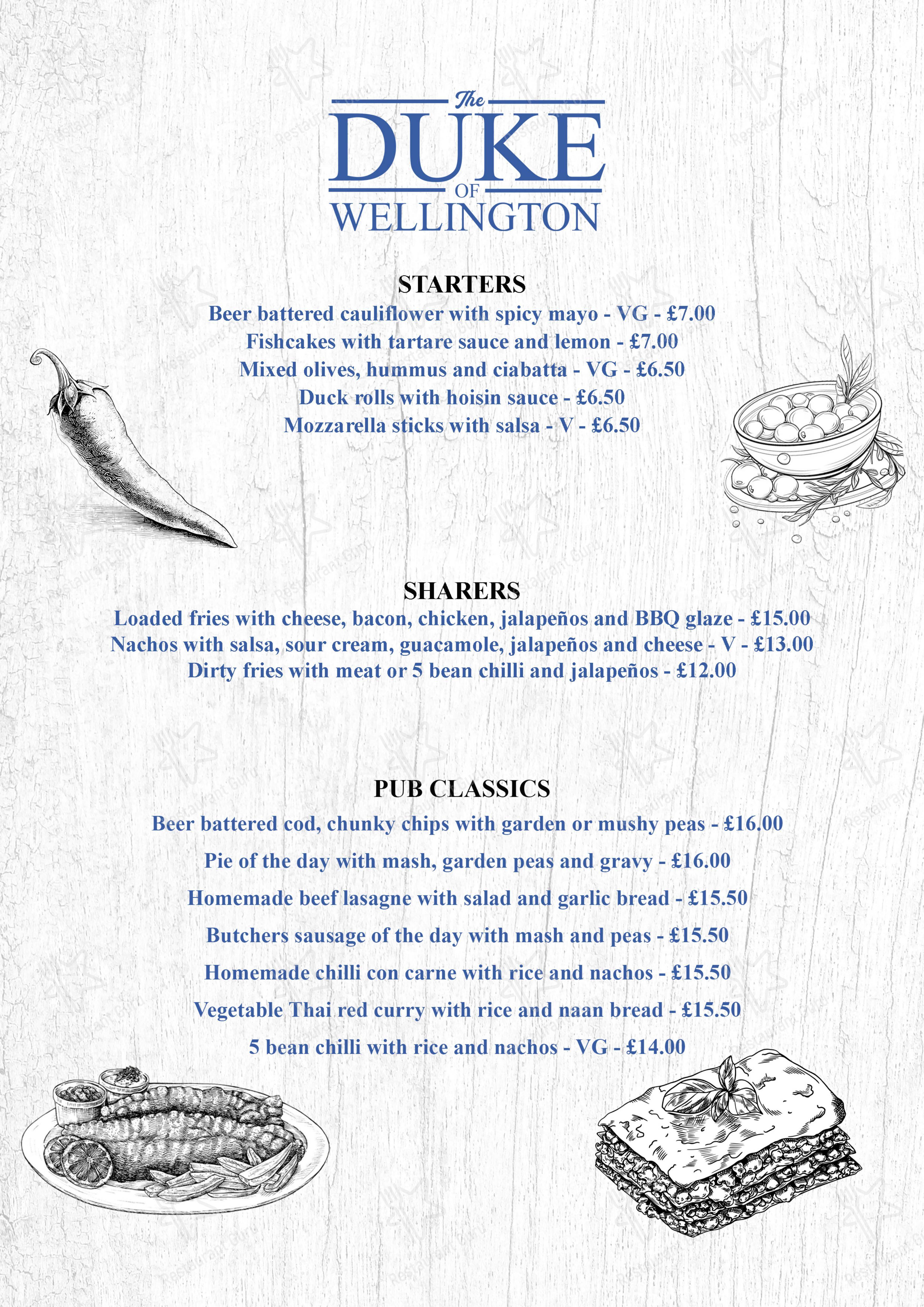 Menu at Duke of Wellington pub & bar, Southampton