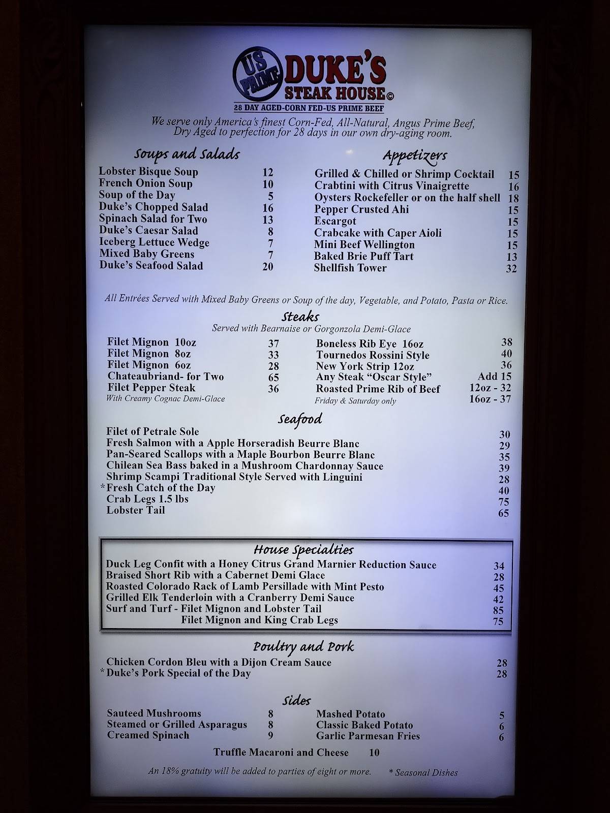 Menu at Duke's Steakhouse, Carson City
