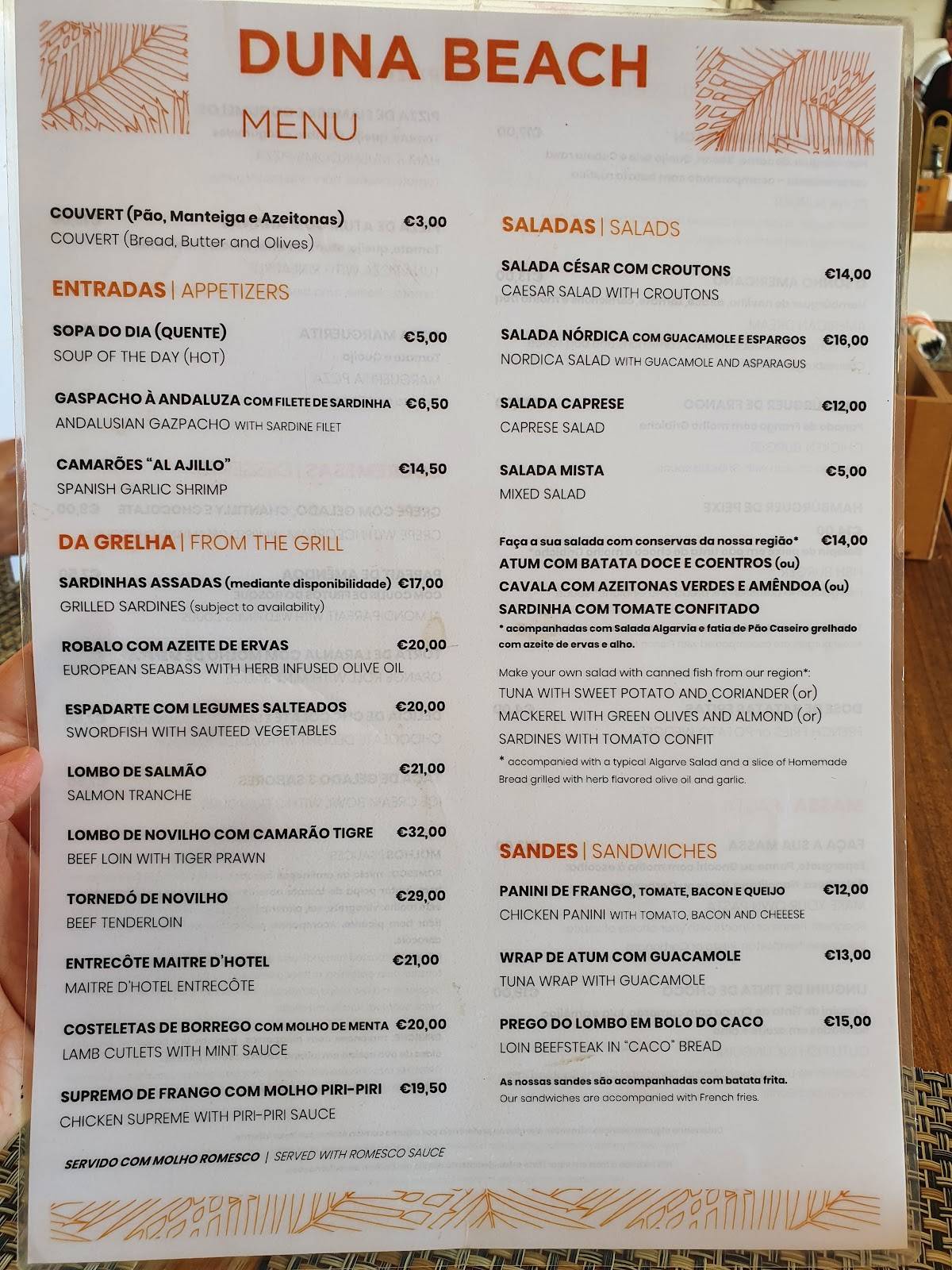 Menu em Bar Duna Beach, Lagos