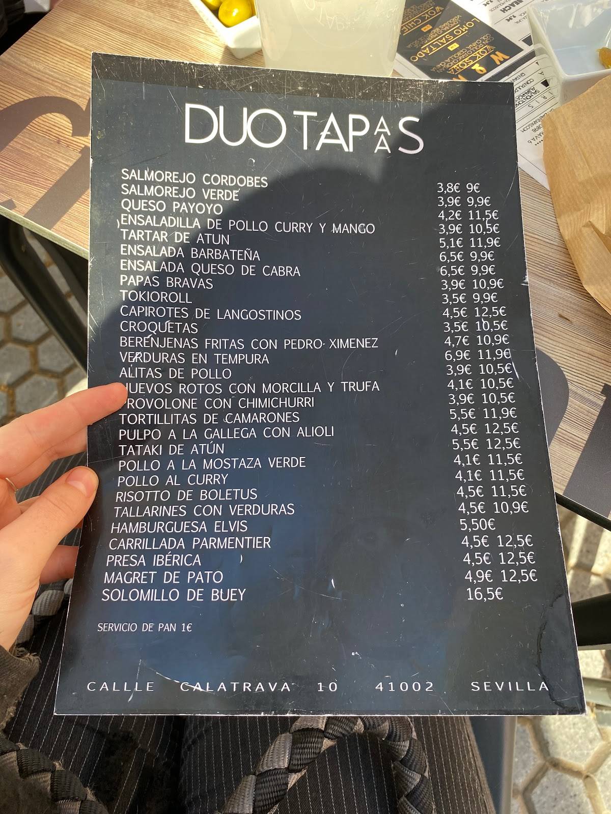 Carta del pub y bar Dúo Tapas, Sevilla