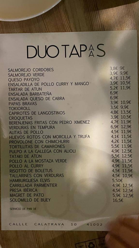 Carta del pub y bar Dúo Tapas, Sevilla