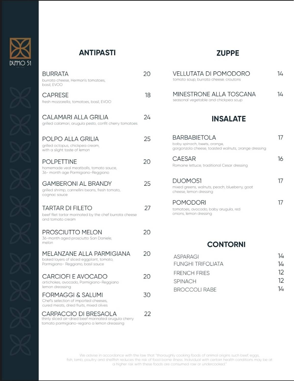 Menu at Duomo51 restaurant, West New York