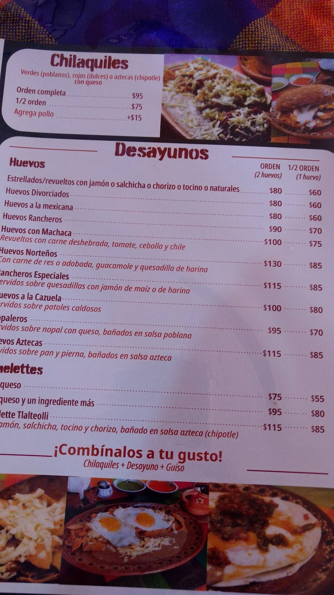 Carta de Restaurant Rincón Azteca, Durango, Calle 5 de Febrero 1117