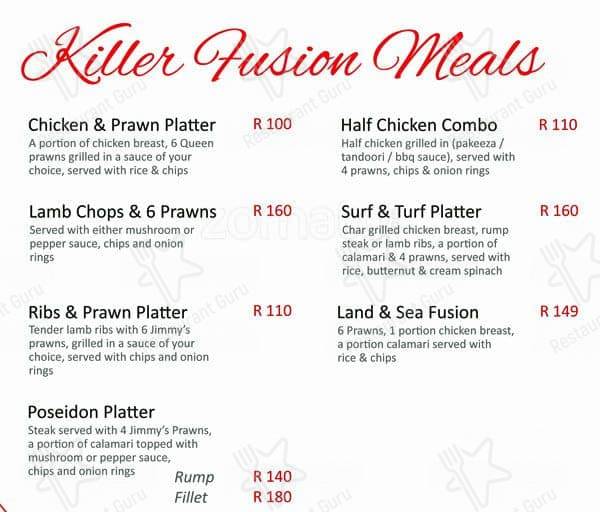 Menu at Jimmy's Killer Prawns Westwood restaurant, Durban, Shop L45
