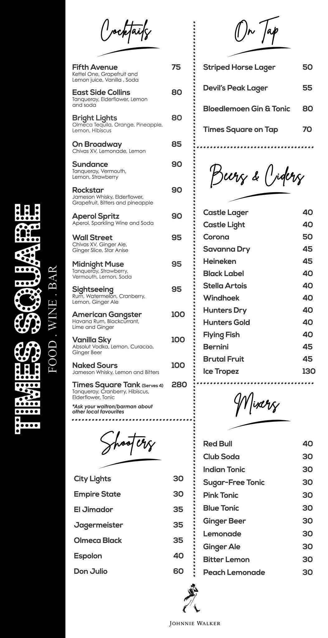 Menu at Times Square Durban restaurant, Durban