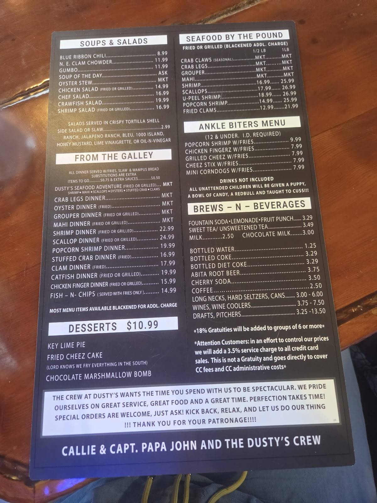 Menu at Dusty's Oyster Bar, Panama City Beach
