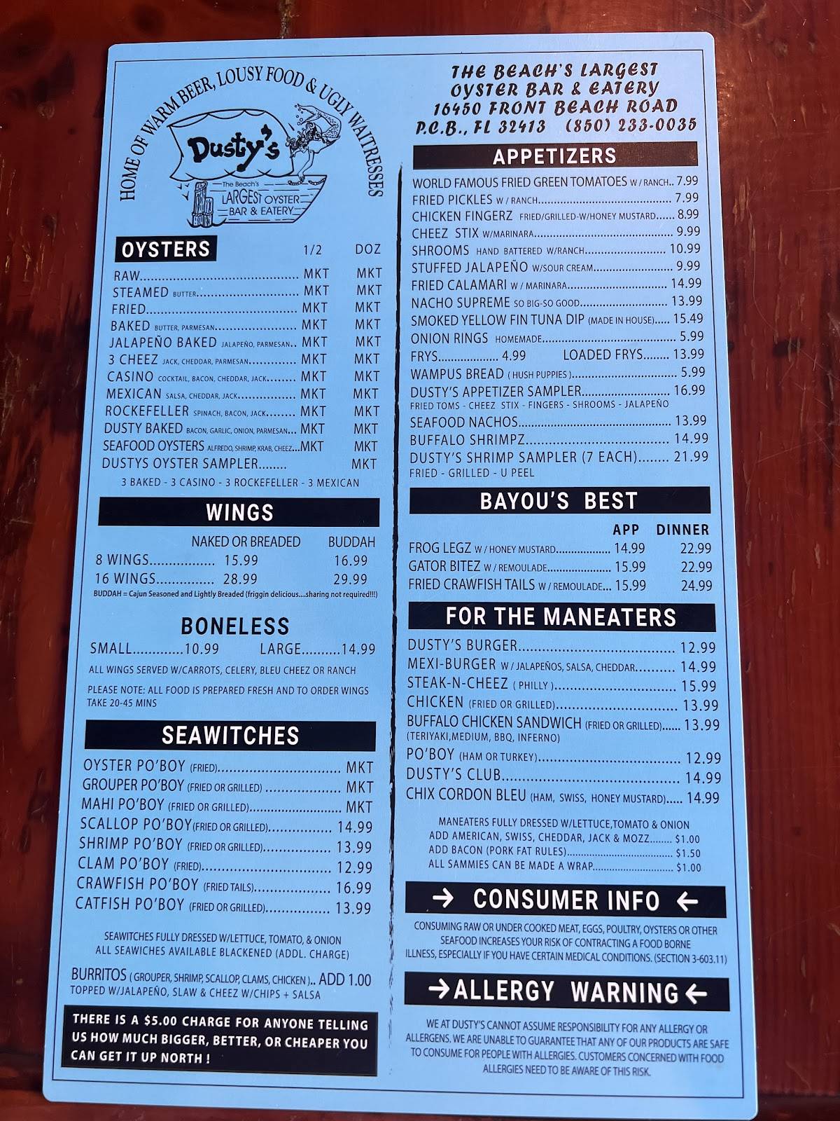 Menu at Dusty's Oyster Bar, Panama City Beach
