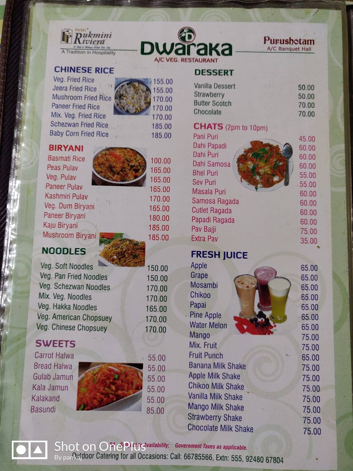 Menu at Dwaraka A/c Veg. Restaurant & Tiffins - Hotel Rukmini Reviera ...