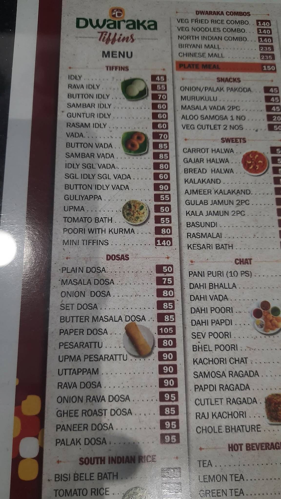 Menu at Dwaraka A/c Veg. Restaurant & Tiffins - Hotel Rukmini Reviera ...
