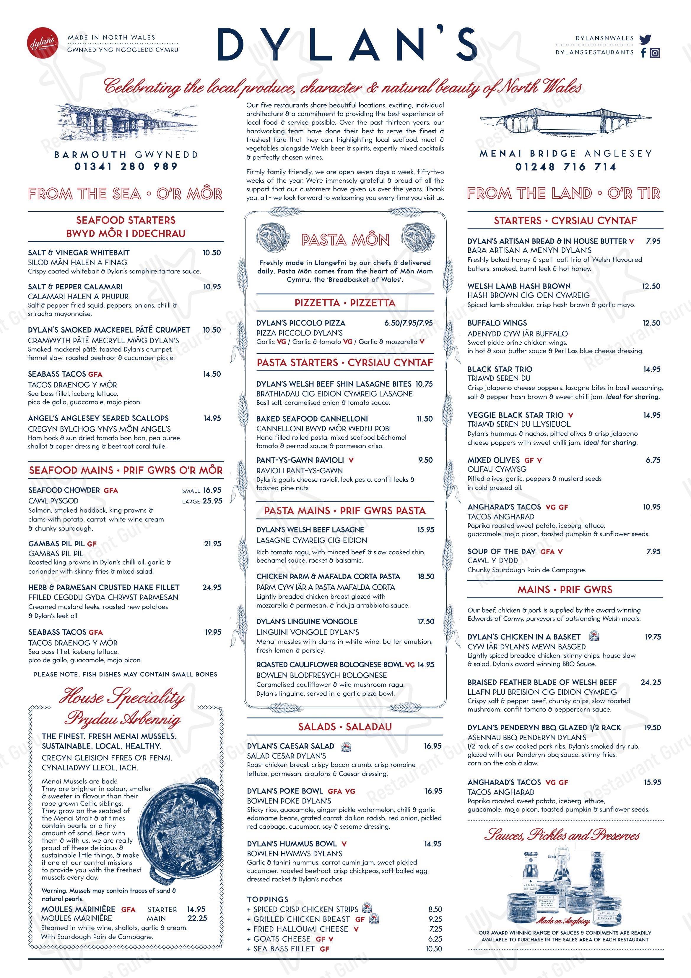 Menu at Dylan's Llandudno restaurant, Llandudno