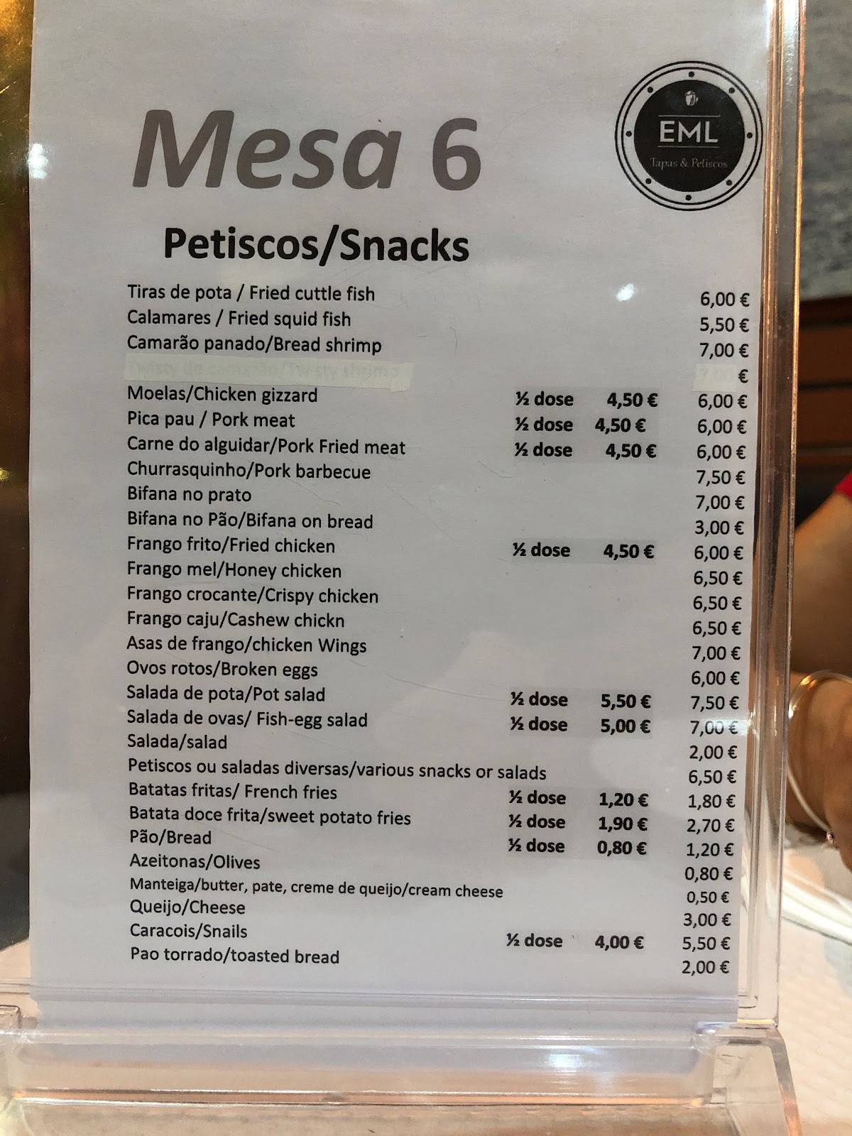 Menu em EML - Tapas & Petiscos restaurante, Ponte de Sor