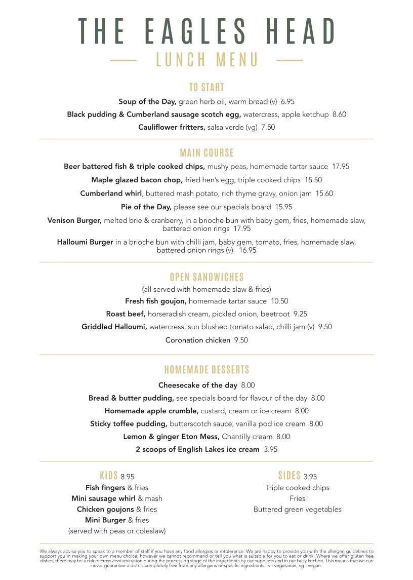 Menu at Eagles Head pub & bar, Over Kellet
