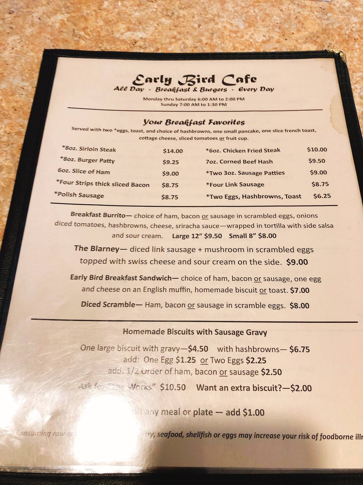 Menu at Early Bird Cafe, Helena, Euclid Ave