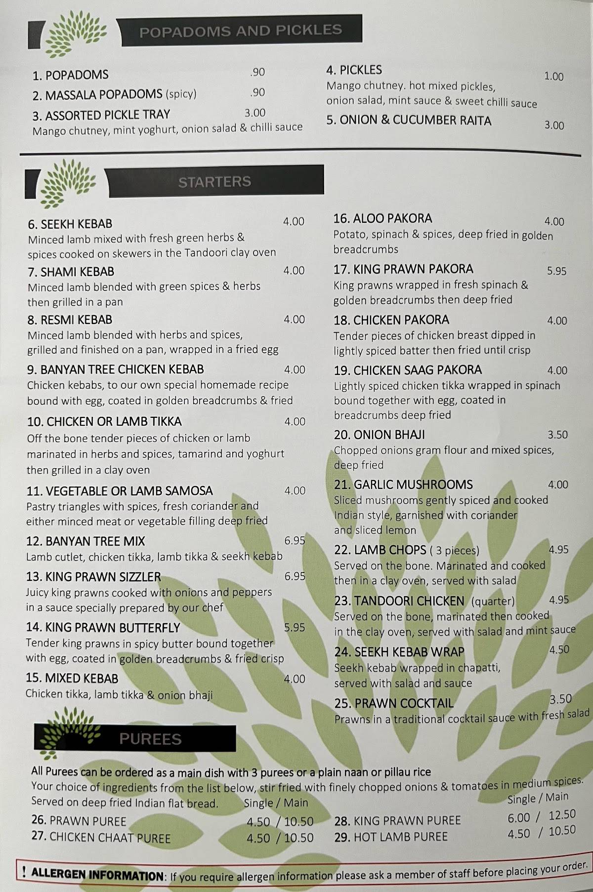 Menu at The Banyan Tree restaurant, Easingwold