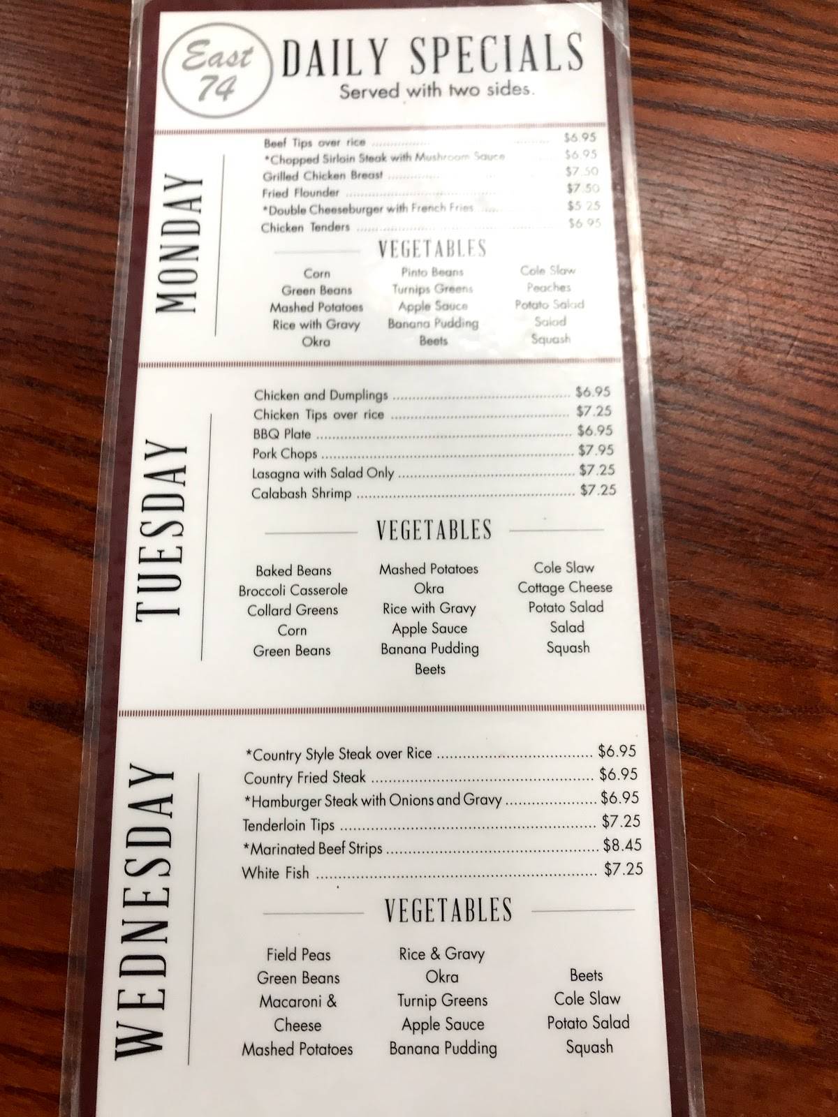 Menu at East 74 Restaurant, Matthews, Monroe Rd