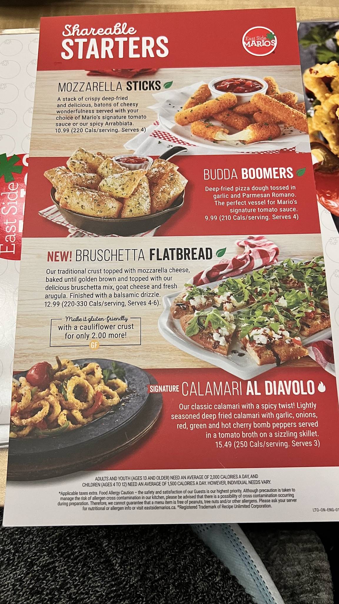 Menu at East Side Mario's pizzeria, Waterloo, 450 King St N