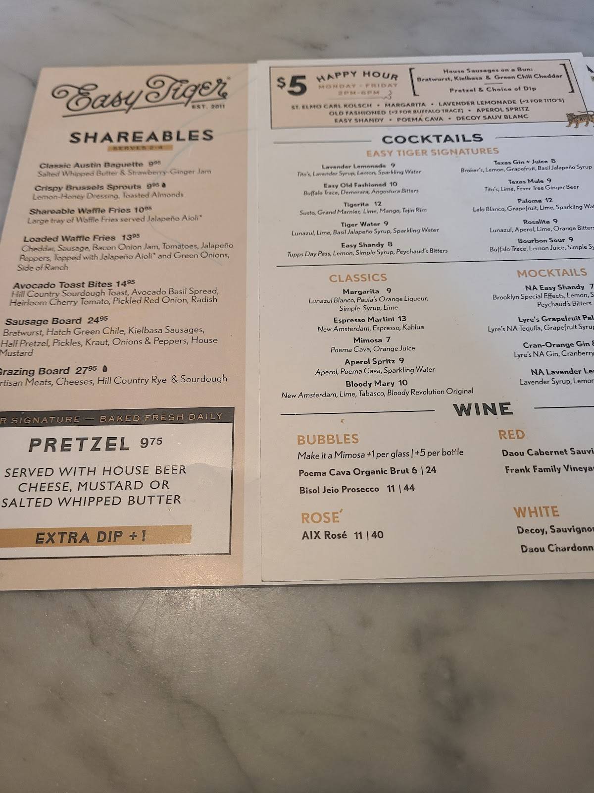 Menu at Easy Tiger South Lamar restaurant, Austin, S Lamar Blvd #300
