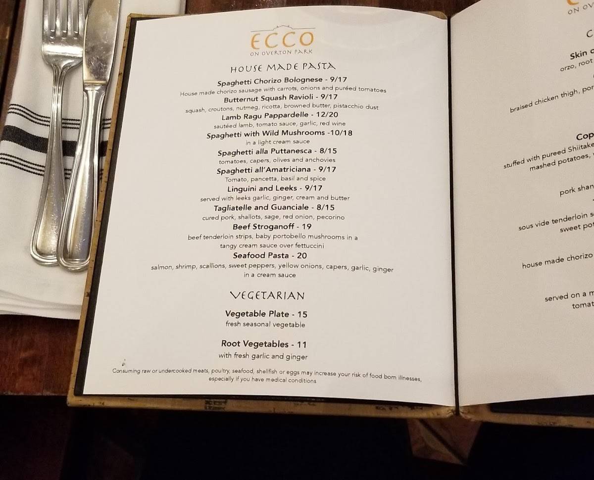 Menu at Ecco on Overton Park restaurant, Memphis