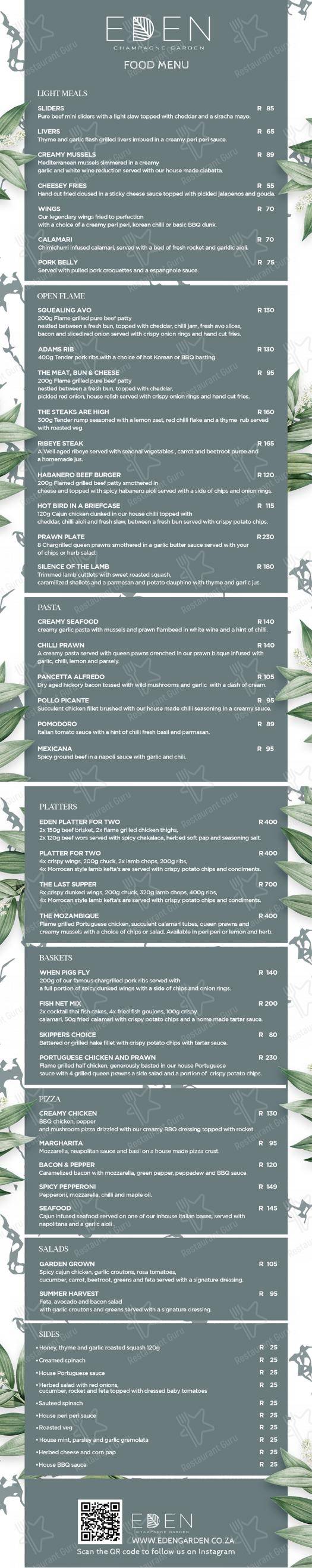 Menu at Eden Champagne Garden restaurant, Berea