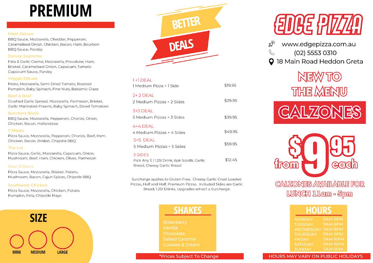 Menu at Edge Pizza restaurant, Heddon Greta