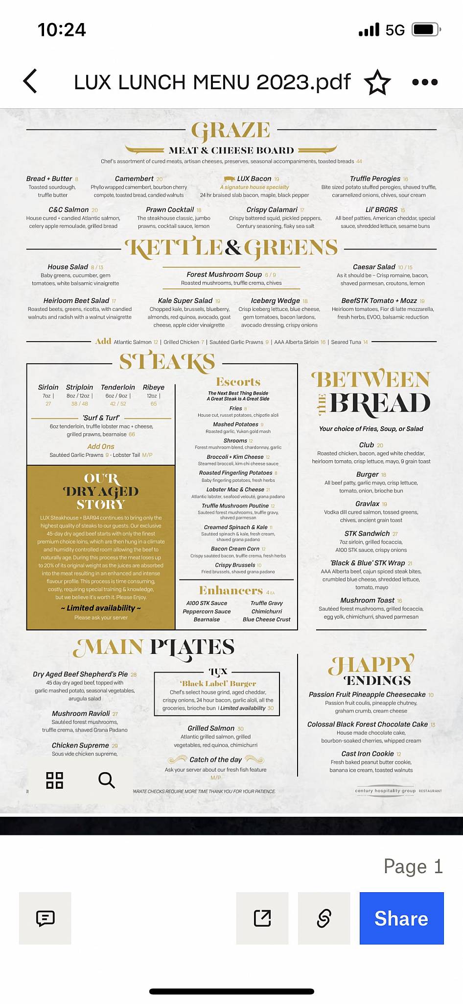 Menu at LUX Steakhouse + BAR94, Edmonton