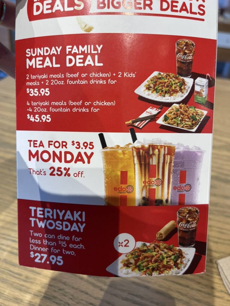 Menu at Edo Japan restaurant, Regina, Prince of Wales Dr
