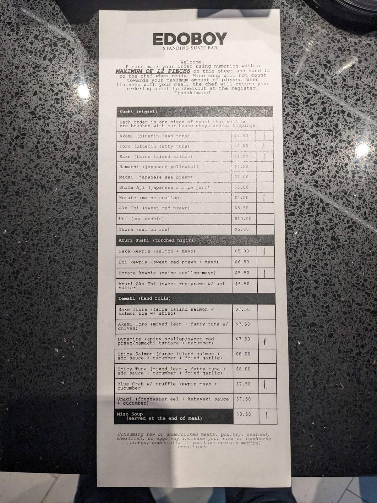 Carta del restaurante Edoboy, Orlando