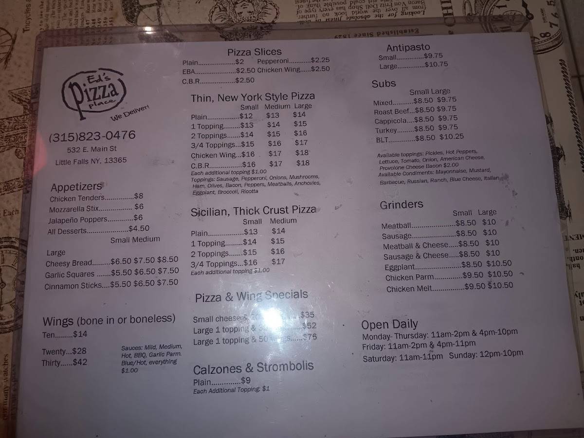 Menu at Ed's Pizza Place pizzeria, Little Falls