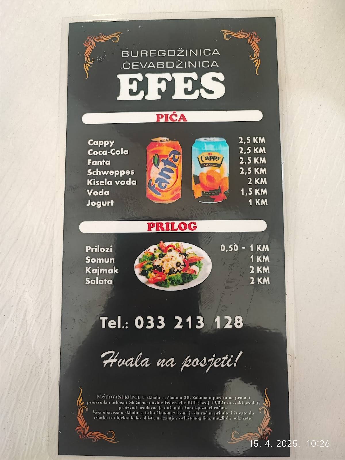 Menu at Efes restaurant, Sarajevo
